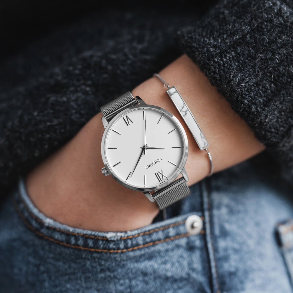 Women’s Dress Watch - Petite Silver + White Mesh 33mm | Vincero Watches ...